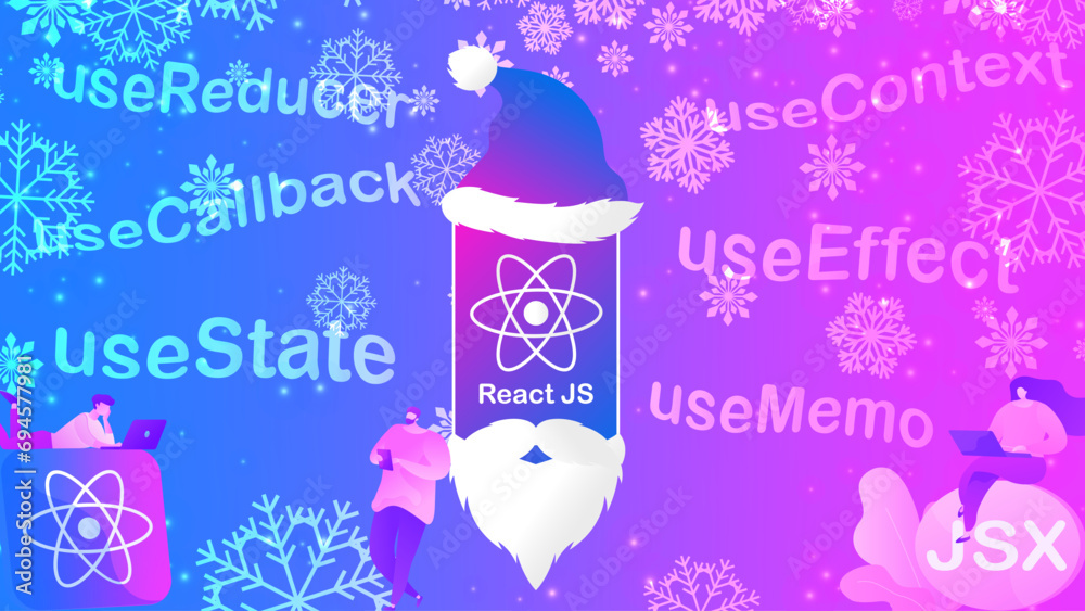 React JS colorful background. Development concept with people in a ...