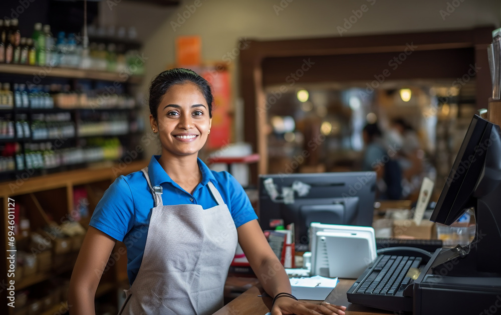 Indian smiling woman working as a cashier in the store Stock Photo ...