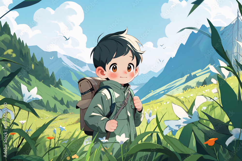 Illustration of boy outdoor travel scene in spring, concept ...
