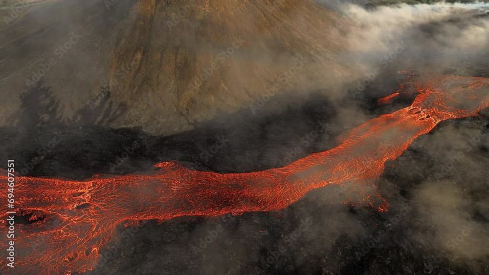 Branching lava stream from volcano eruption in Iceland 2023, hot red ...
