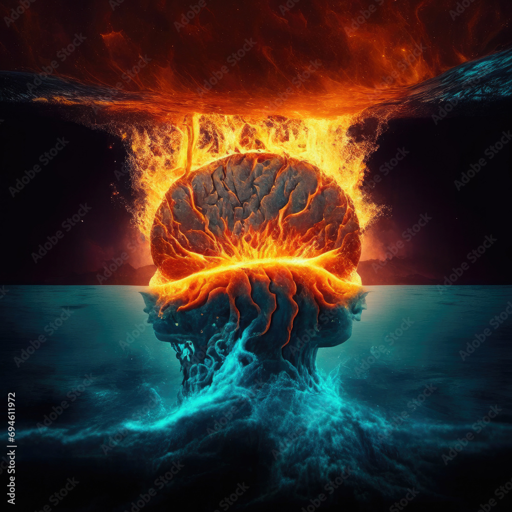 Brain in the night, The brain is drowning in water and the fire is ...