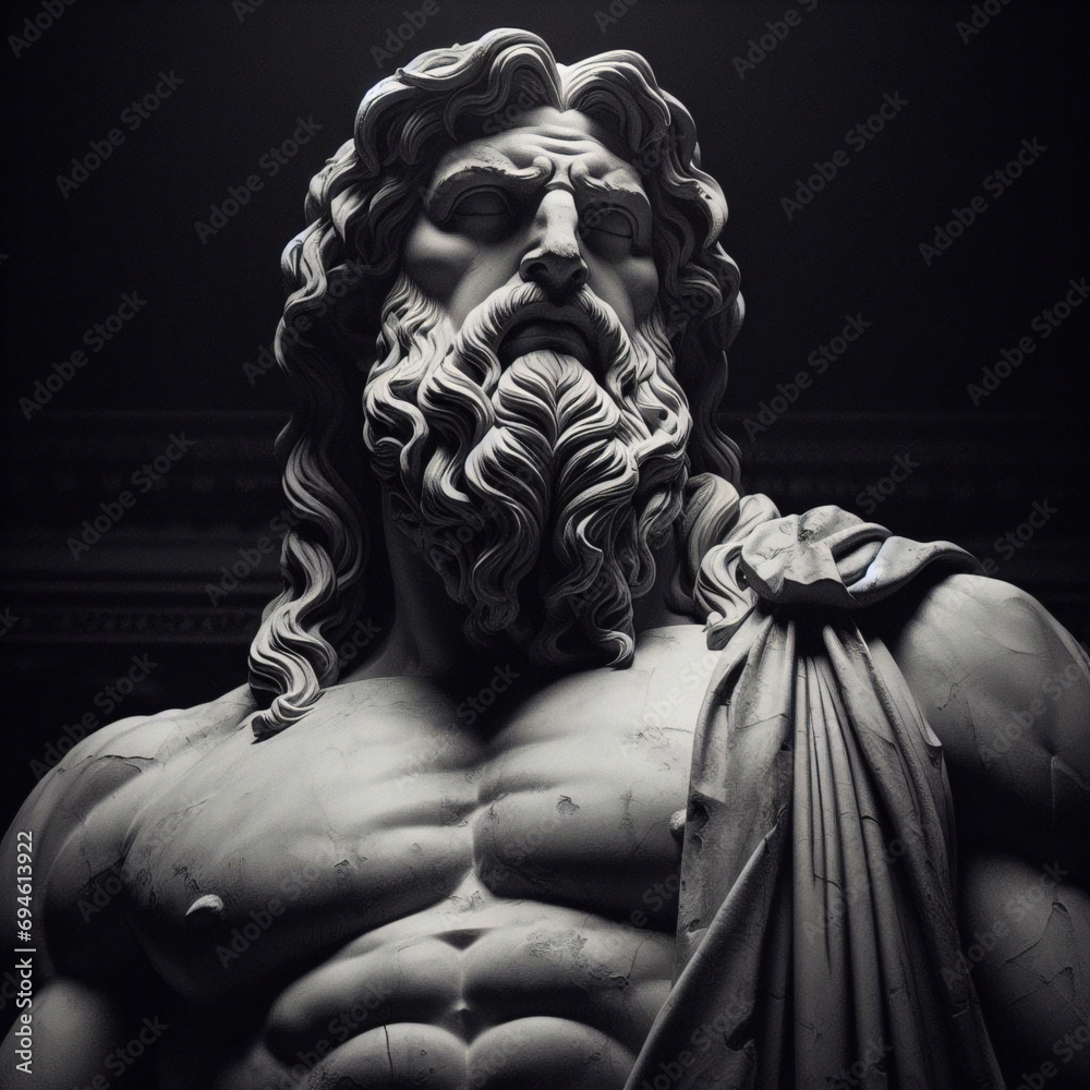 Handsome marble statue of powerful greek god Poseidon over dark ...
