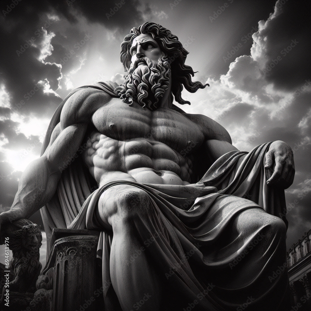Handsome marble statue of powerful greek god Poseidon over dark ...