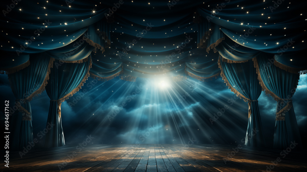 theater stage Art concept. Blue stage curtain with spotlights. scene ...