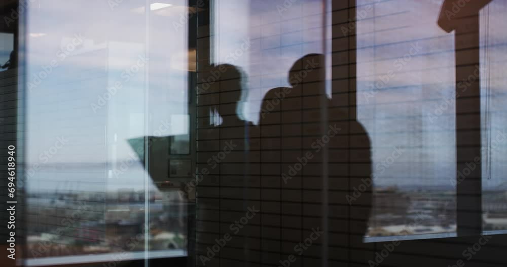 Business people, walk and silhouette in office, shadow or paperwork for ...