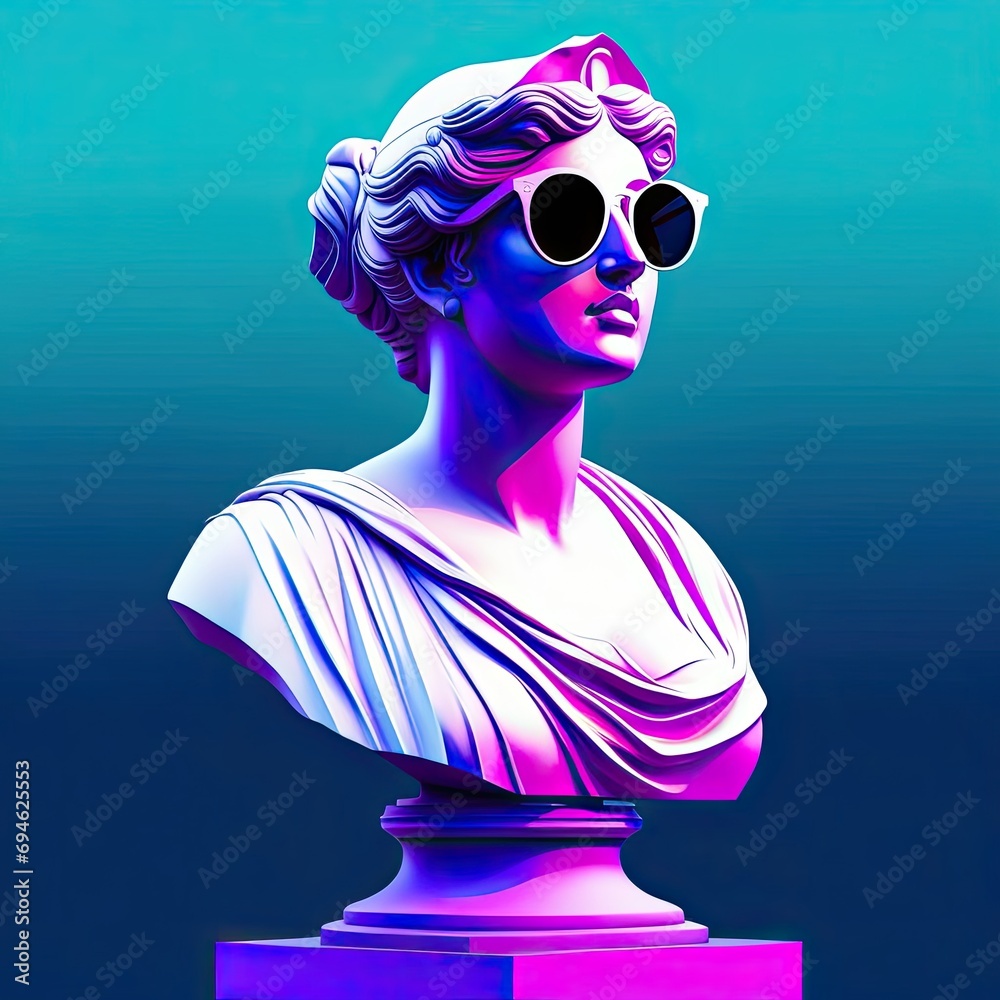 Colorful Greek bust suspended, a marble statue of a beautiful woman ...