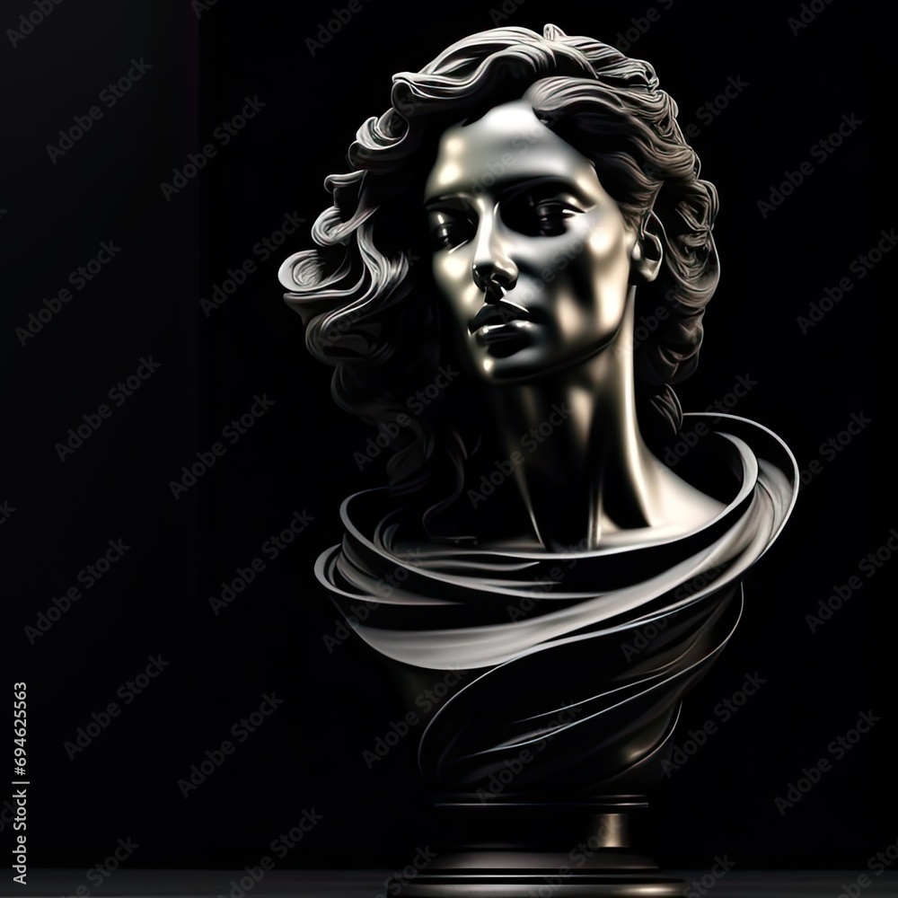 Colorful Greek bust suspended, a marble statue of a beautiful woman ...