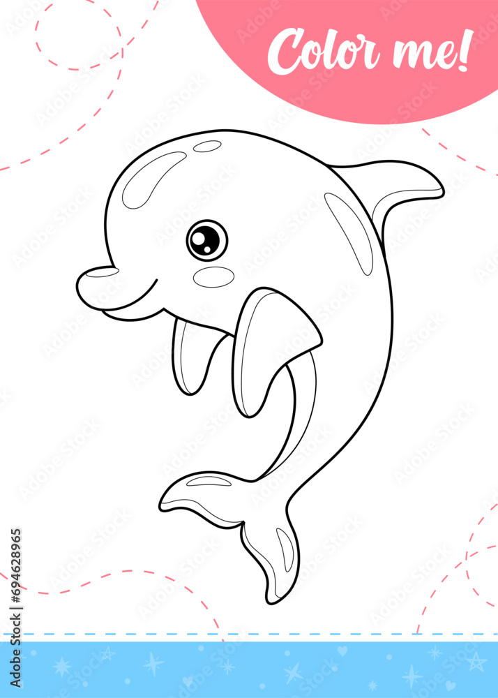 Coloring page for kids with cartoon dolphin. A printable worksheet ...
