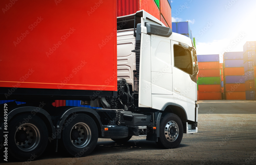 Semi trailer Trucks on The Parking Lot at Port. Containers Cargo ...