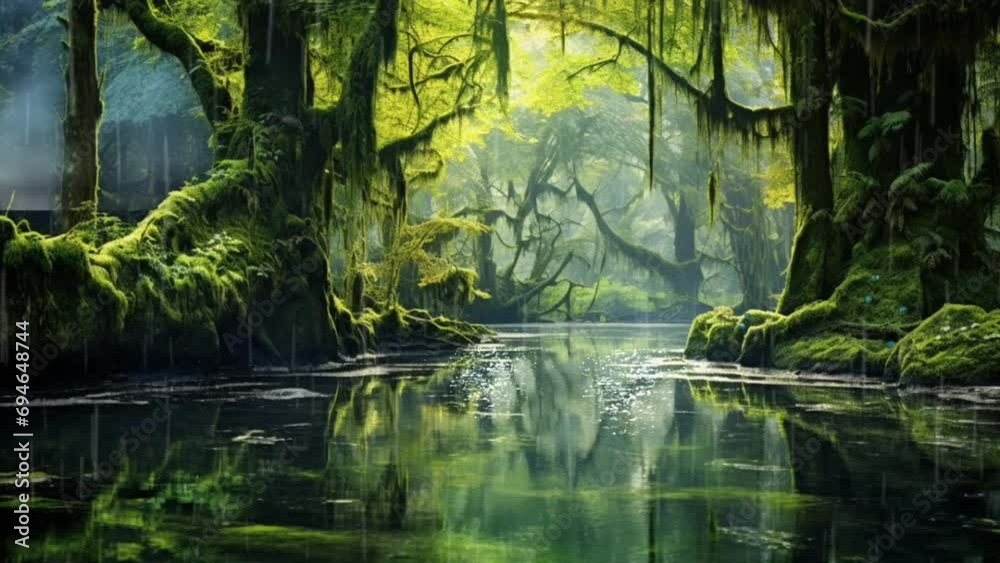 A beautiful natural landscape in the forest with a lake flowing amidst ...