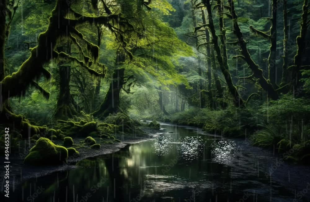 A beautiful natural landscape in the forest with a lake flowing amidst ...