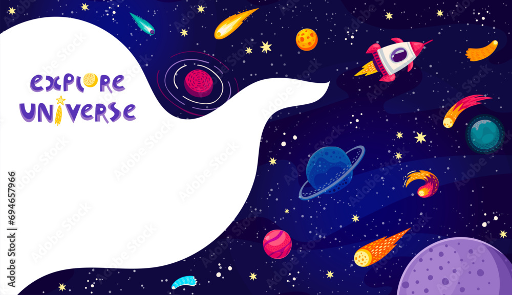 Cartoon universe landscape, galaxy stars and planets with comets ...