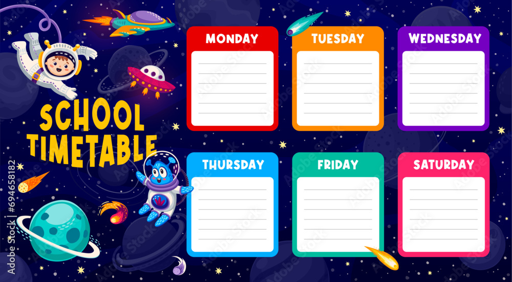 Education timetable schedule. Starry galaxy landscape with cartoon kid ...
