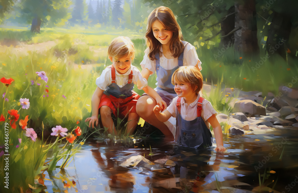 Abstract painting of kid,child at a magical dream world with colorful ...