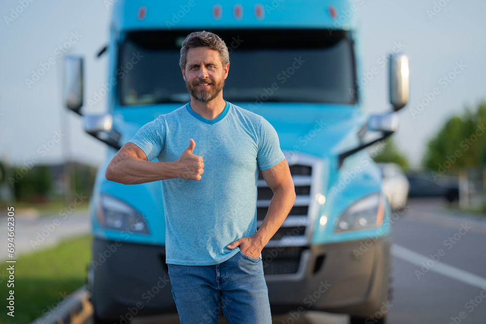 Men driver near lorry truck. Man owner truck driver near truck ...