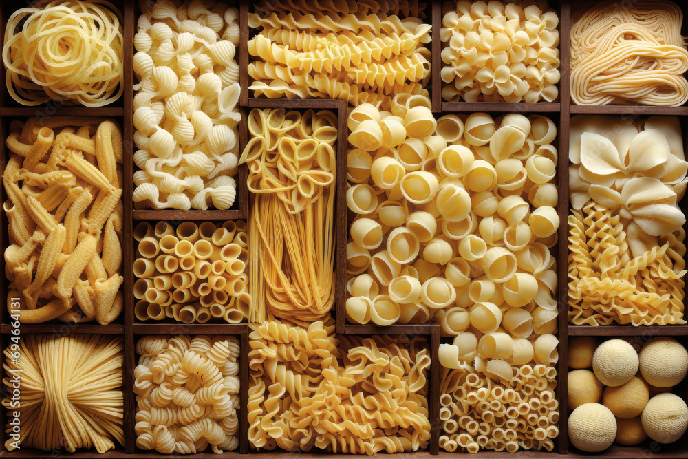 Still life with many different types of pasta. Pasta made from durum ...