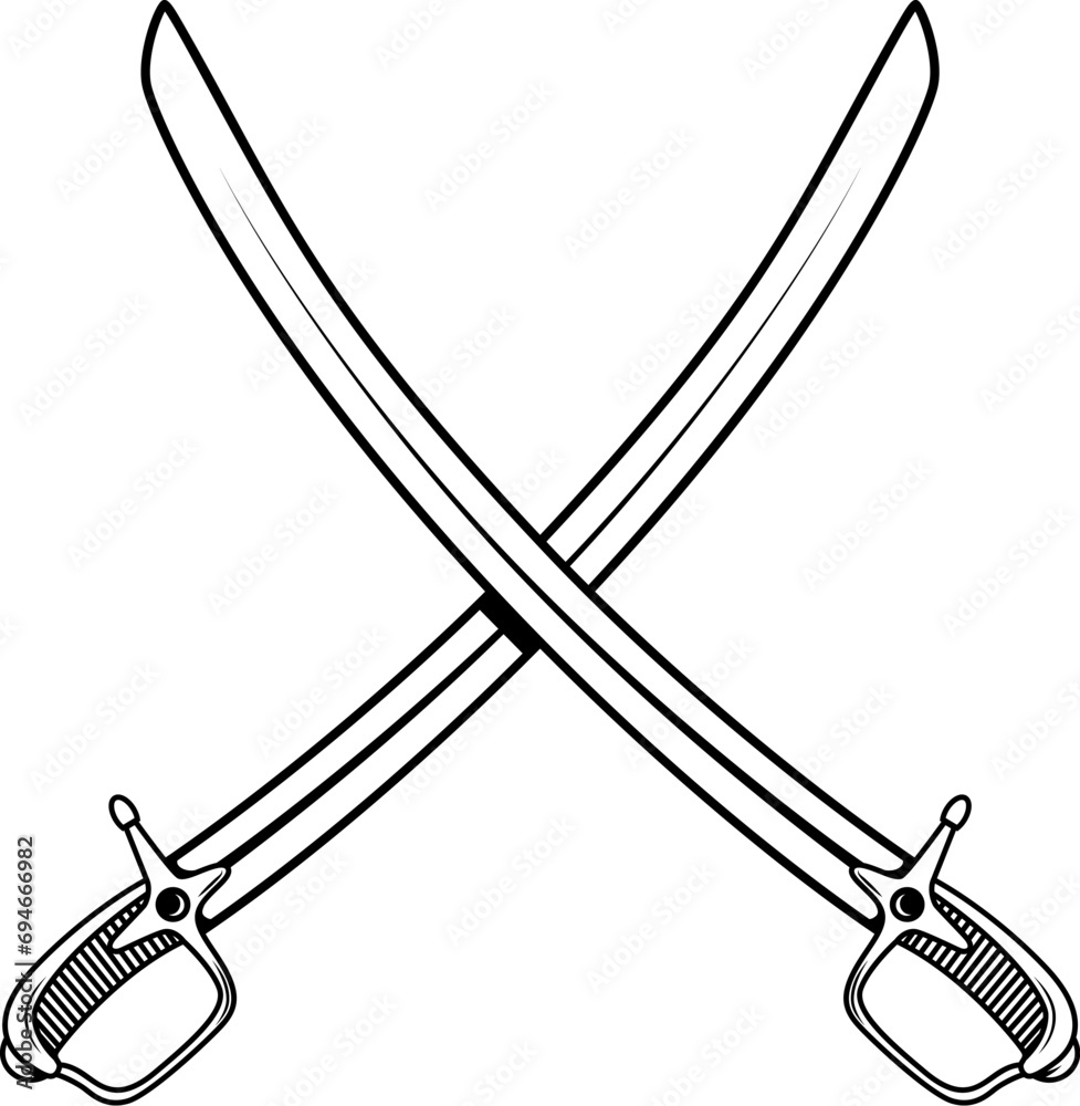 Crossed ancient sabers. Design element for emblem, sign, badge. Vector ...