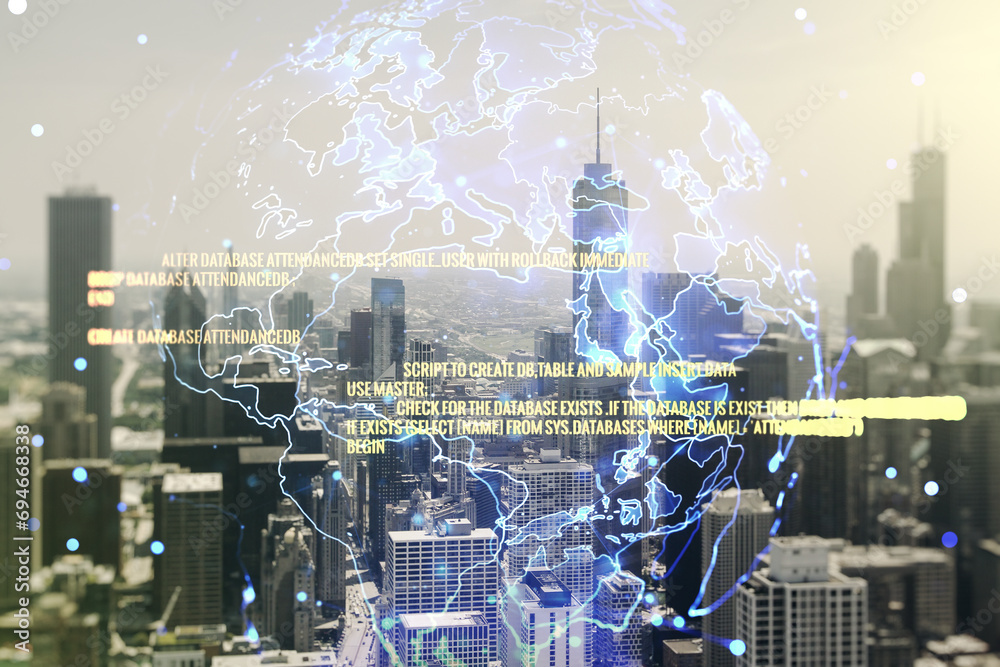 Multi exposure of abstract programming language hologram and world map ...