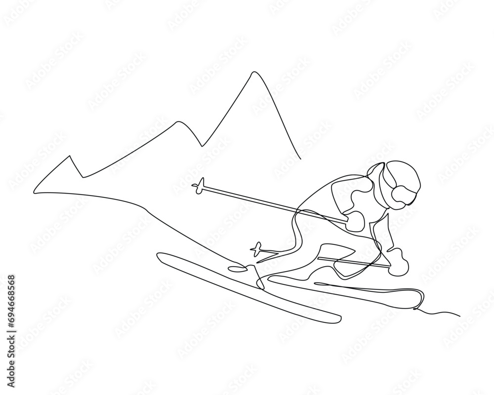 Continuous single line sketch drawing of man skier snow ski down and ...