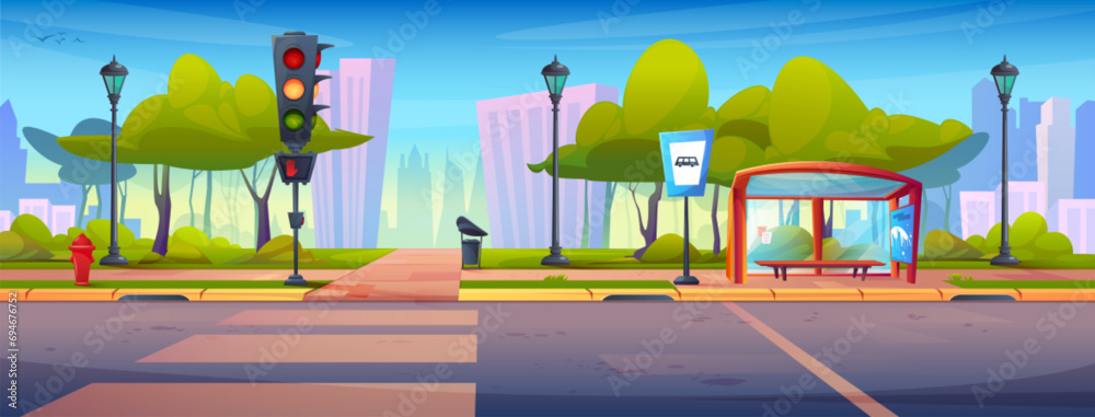 Cartoon summer city street landscape with sidewalk and traffic light ...
