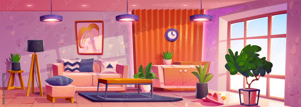 Cozy living room interior with soft furniture and table, lamp and ...