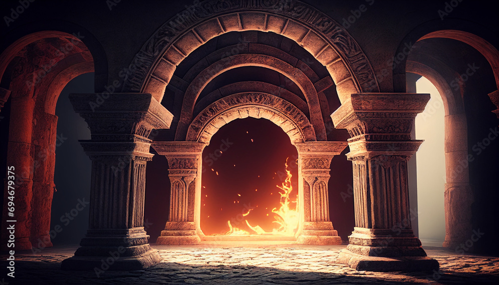 Ancient classic architecture stone arches with flames background ...