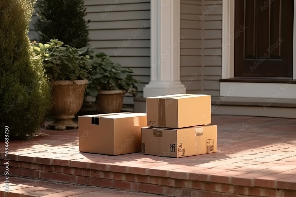 Delivery process. Stack of neatly arranged brown cardboard boxes sits ...