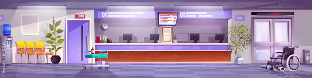 Hospital lobby interior. Vector cartoon illustration of large waiting ...