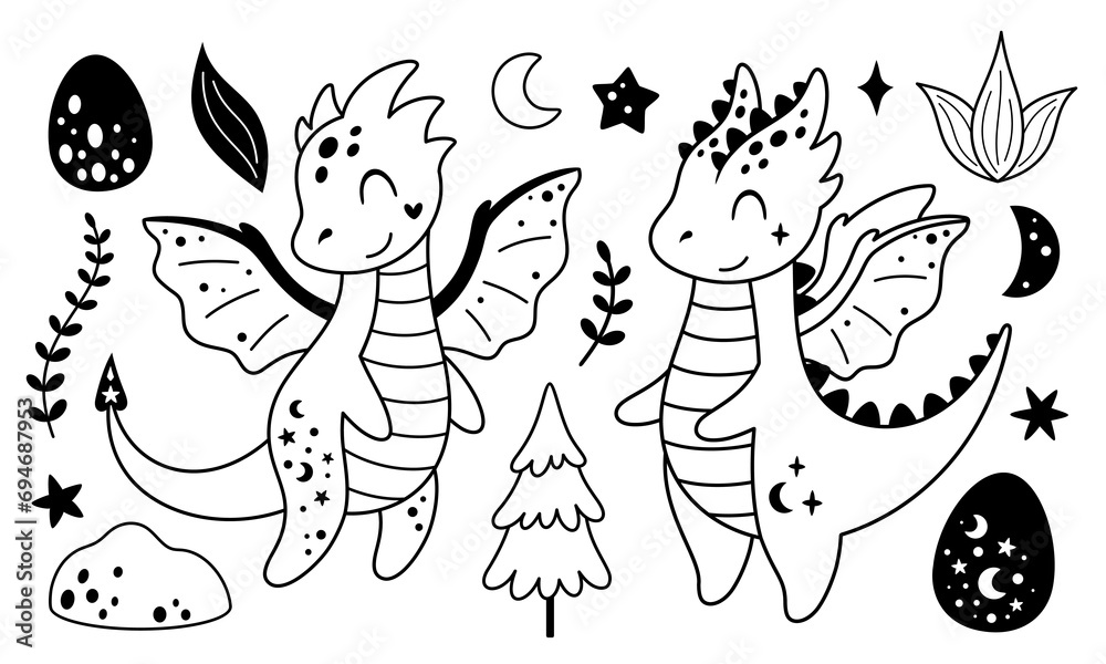 Black and white dragon clipart in cartoon flat style. Year of the ...