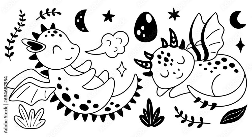 Black and white dragon clipart in cartoon flat style. Year of the ...