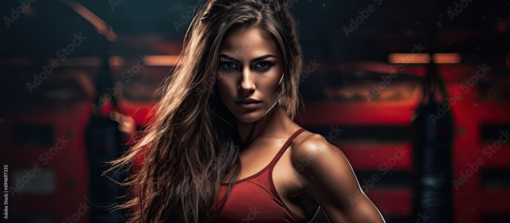 Long-haired female fitness model as a seductive fighter in a gym with a ...