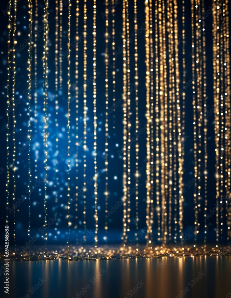 Golden light curtain on a blue background, shiny reflective floor. A ...