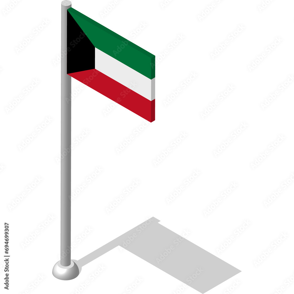 Isometric flag of KUWAIT in static position on flagpole. National ...