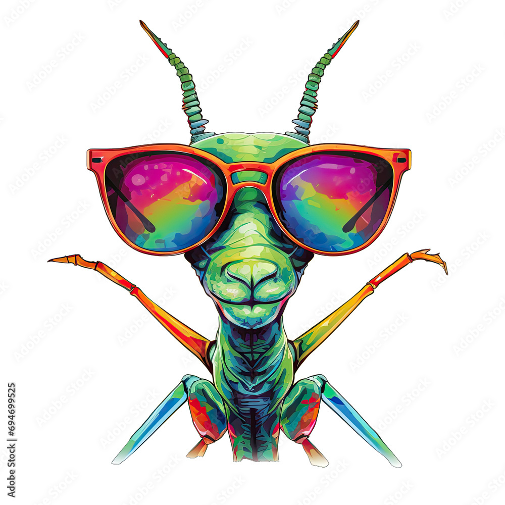 Praying Mantis Insect Art in Sunglasses a Unique and Colorful Depiction ...
