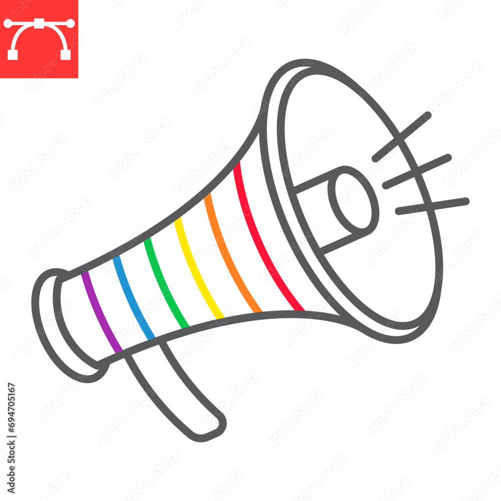 Coming out line icon, LGBT and bullhorn, rainbow striped megaphone ...