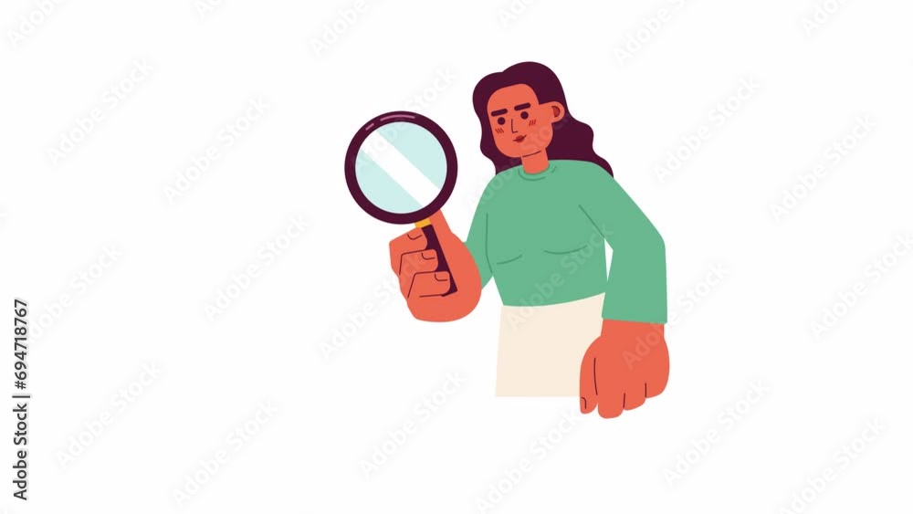 Female detective magnifying glass 2D character animation. Indian lady ...