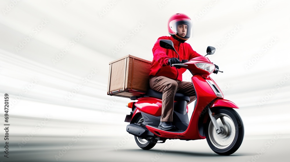 fast Red Delivery man riding a motorcycle with red delivery box, white ...