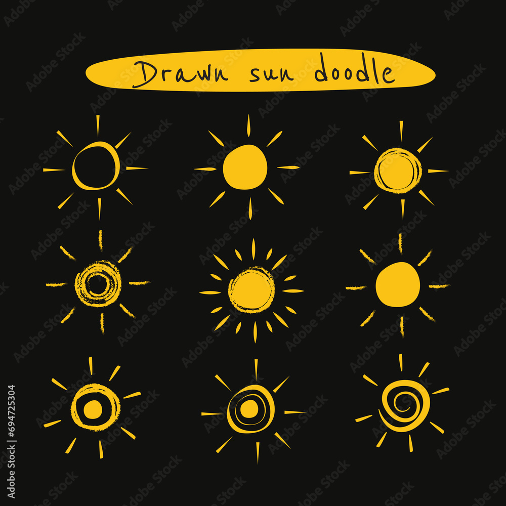 Cute doodle sun collection. Hand drawn style illustration set. Drawn ...