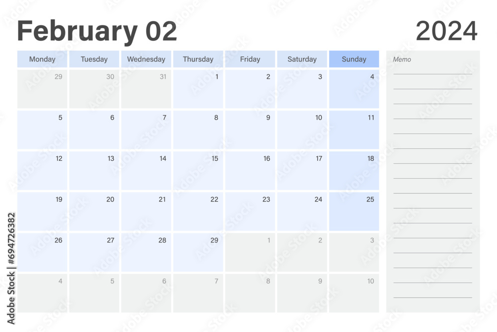 2024 February desk planer calendar weeks start on Monday in light blue ...