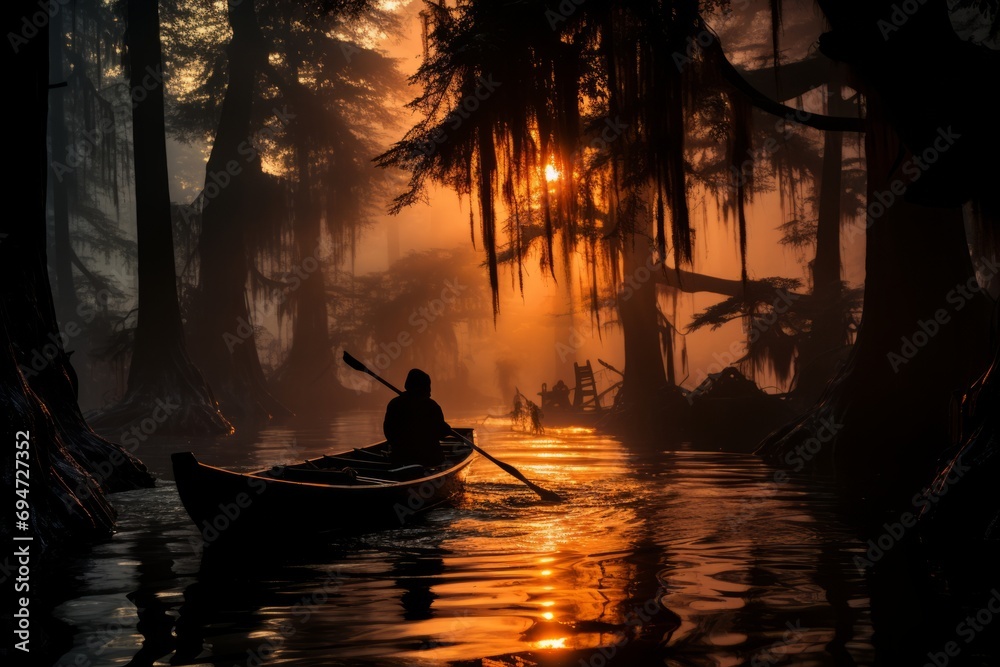 Misty swamp with cypress trees in silhouette, Generative AI Stock ...