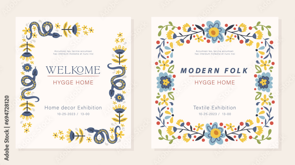 Folk vector set of invitations, flyers or advertising templates in ...