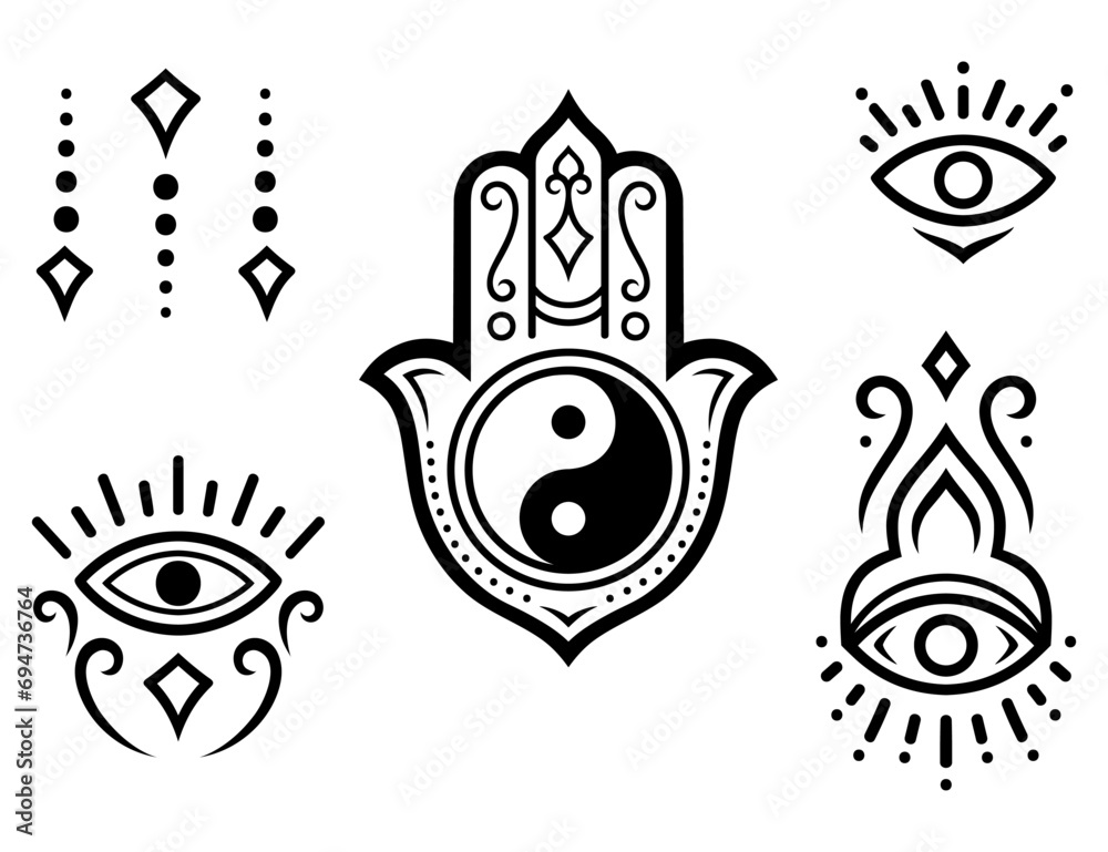 Set of Hamsa hand drawn symbol, lYin-Yang and eye sigils. Decorative ...