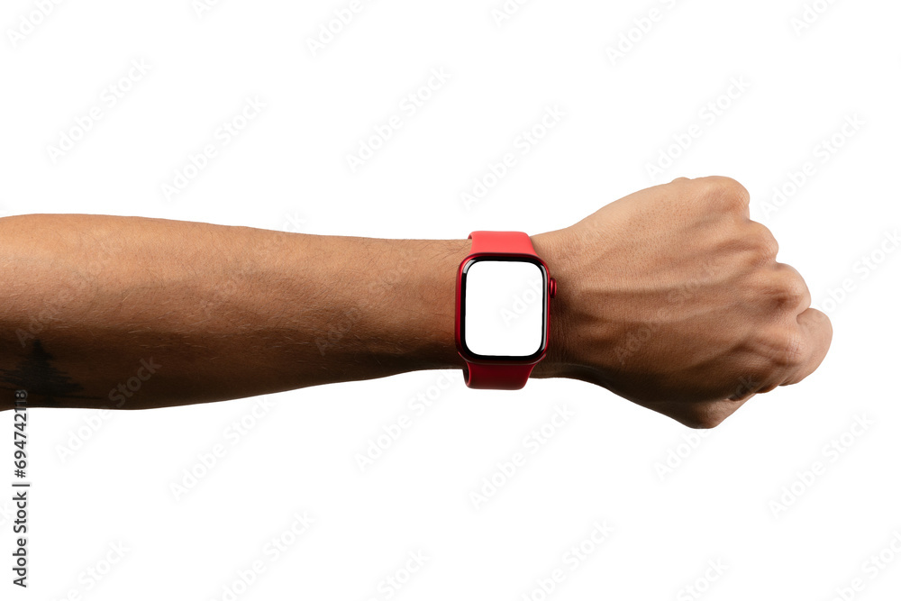 black male arm wearing and showing red smartwatch with blank screen ...