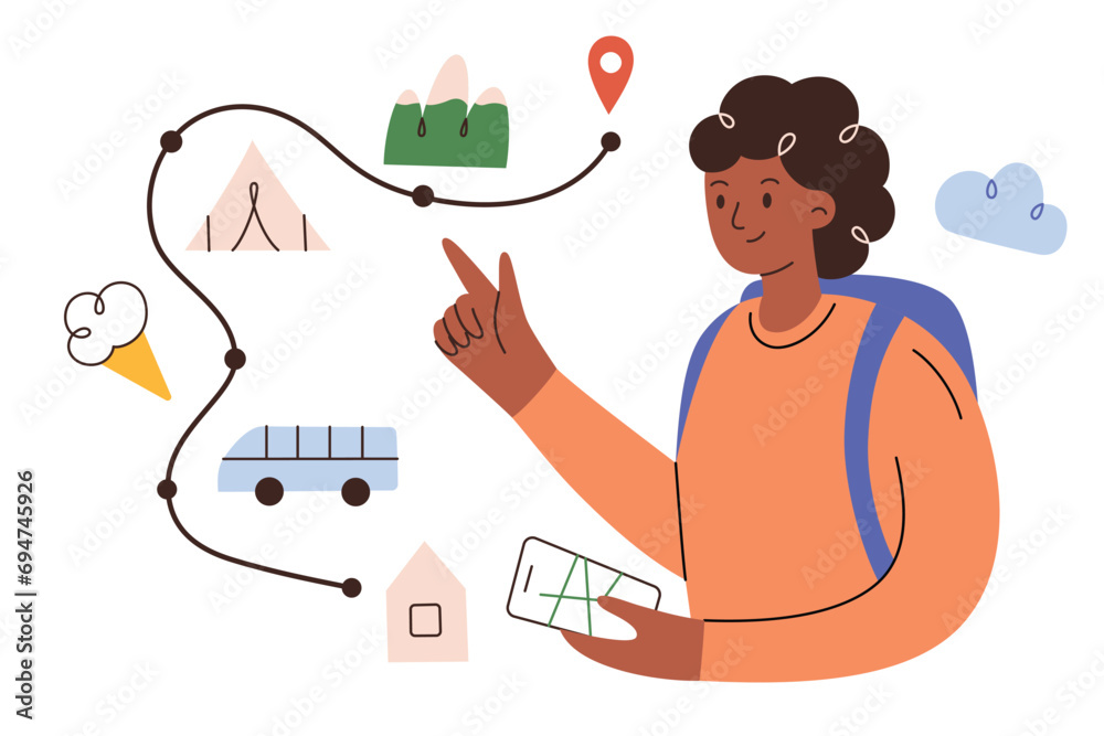 Woman traveler planning route, making itinerary online, travel app on ...