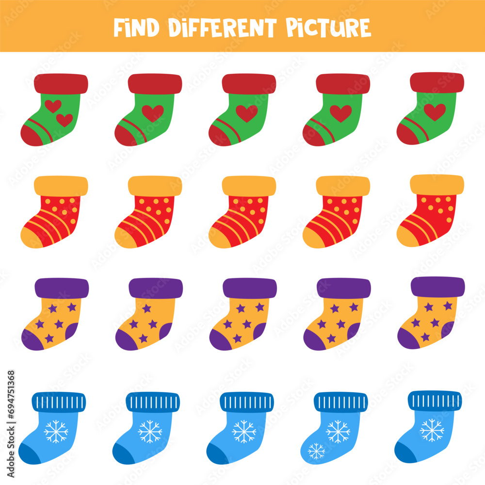 Find different colorful sock in each row. Logical game for preschool ...