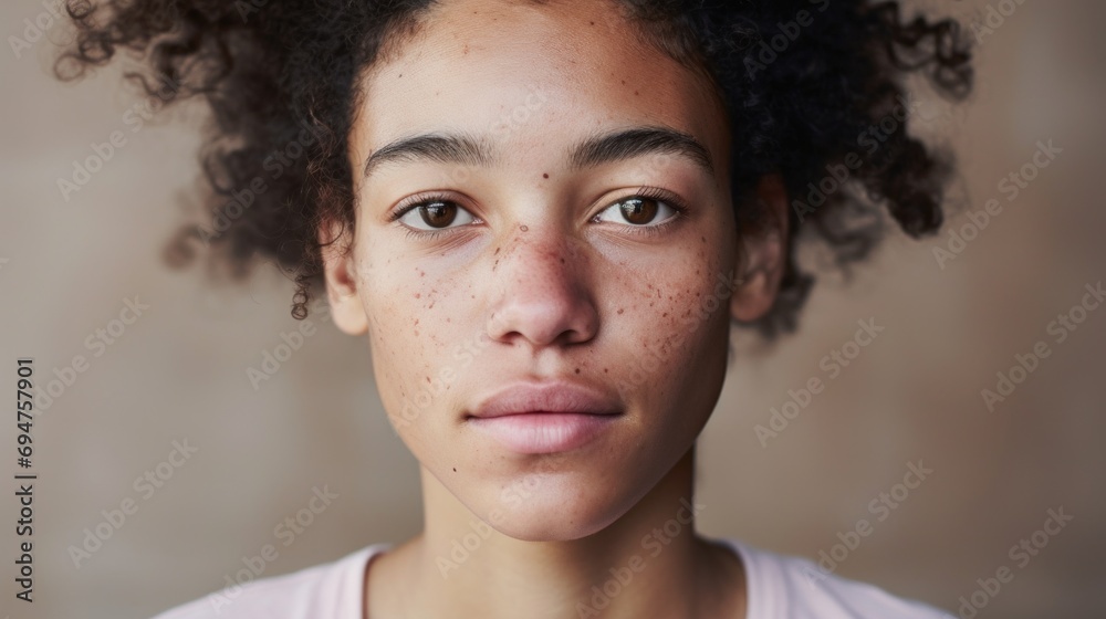 A closeup portrait of a Moroccan woman, her imperfect skin on display ...
