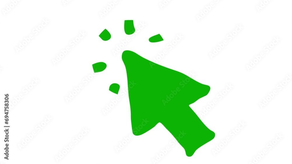 Animated green symbol of mouse cursor with rays. Arrow moves and clicks ...