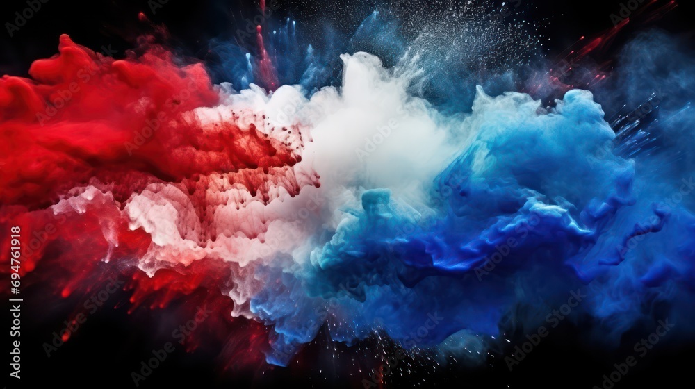 Explosive bursts of red, blue, and white powder on a black background ...