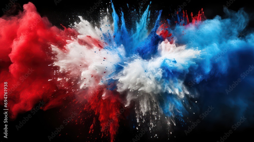 Vibrant red, blue, and white powder exploding on a black background ...