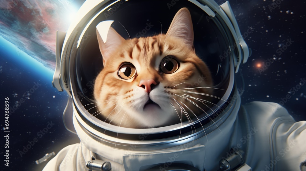 A hyper-realistic orange tabby cat wearing an astronaut helmet and ...